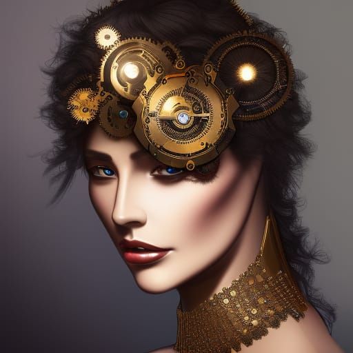 portrait of a beautiful woman made of clockwork gears, aged brass ...