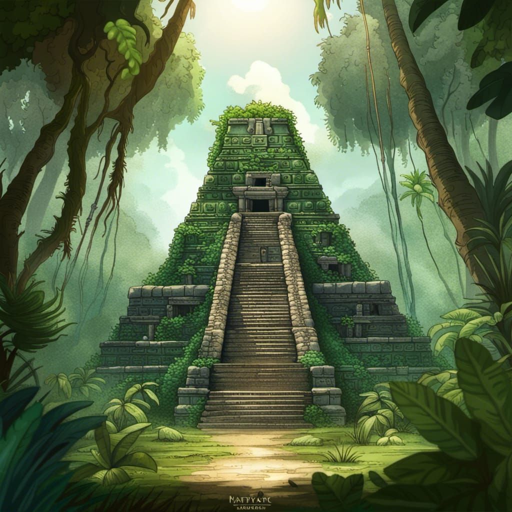 Mayan temple in the jungle with lots of trees fairycore fantasycore ...