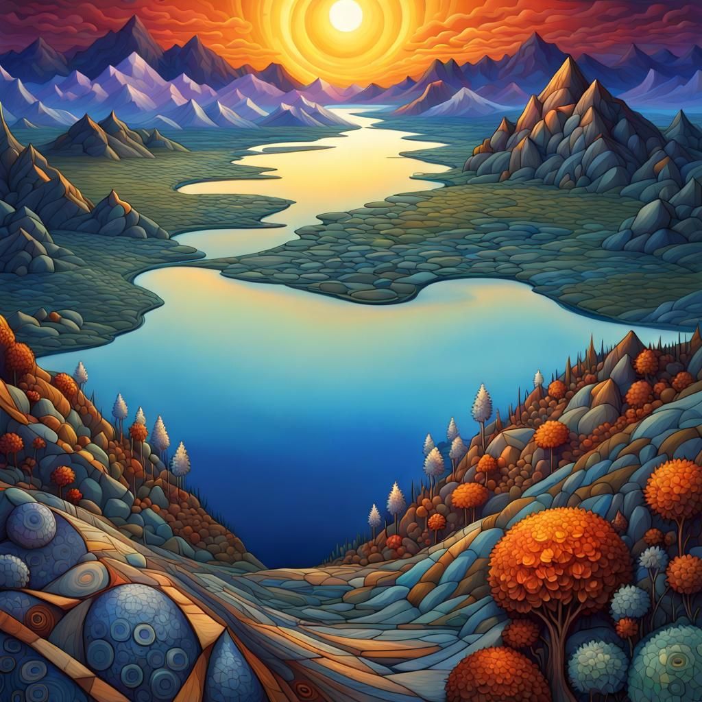 Geometric abstract landscape, river, mountains, sunset sky ...