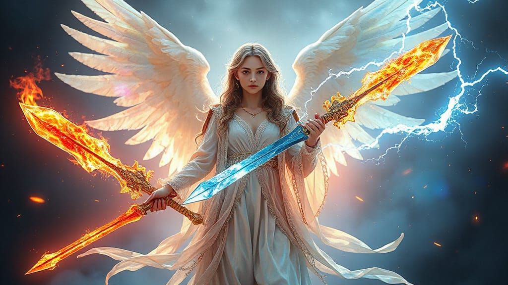 An ethereal angel wields three elemental swords: a blazing fire sword ...