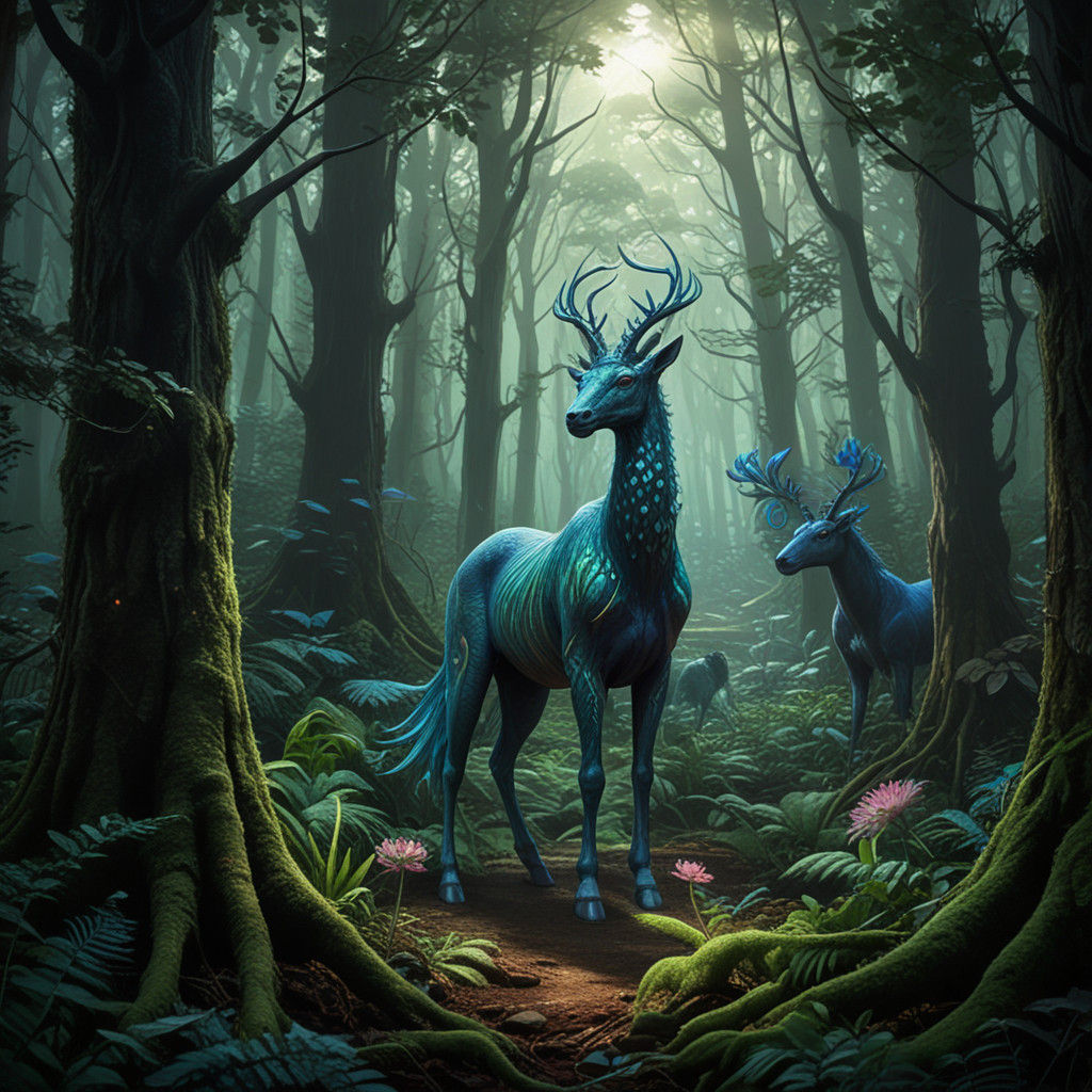 Alien Creatures in Iridescent Forest, Speculative ... - AI Art