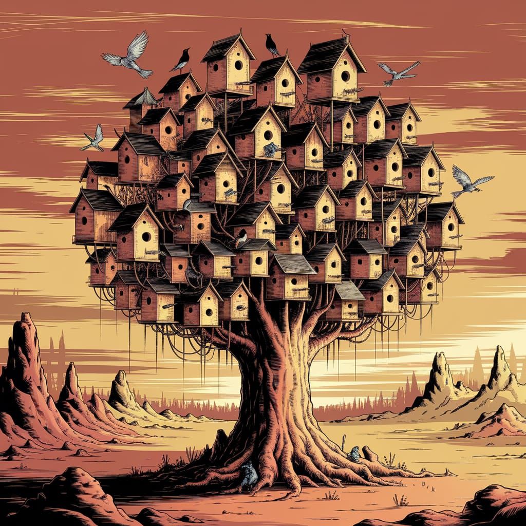 A high-rise tree of interconnected birdhouses in a post-apocalyptic ...