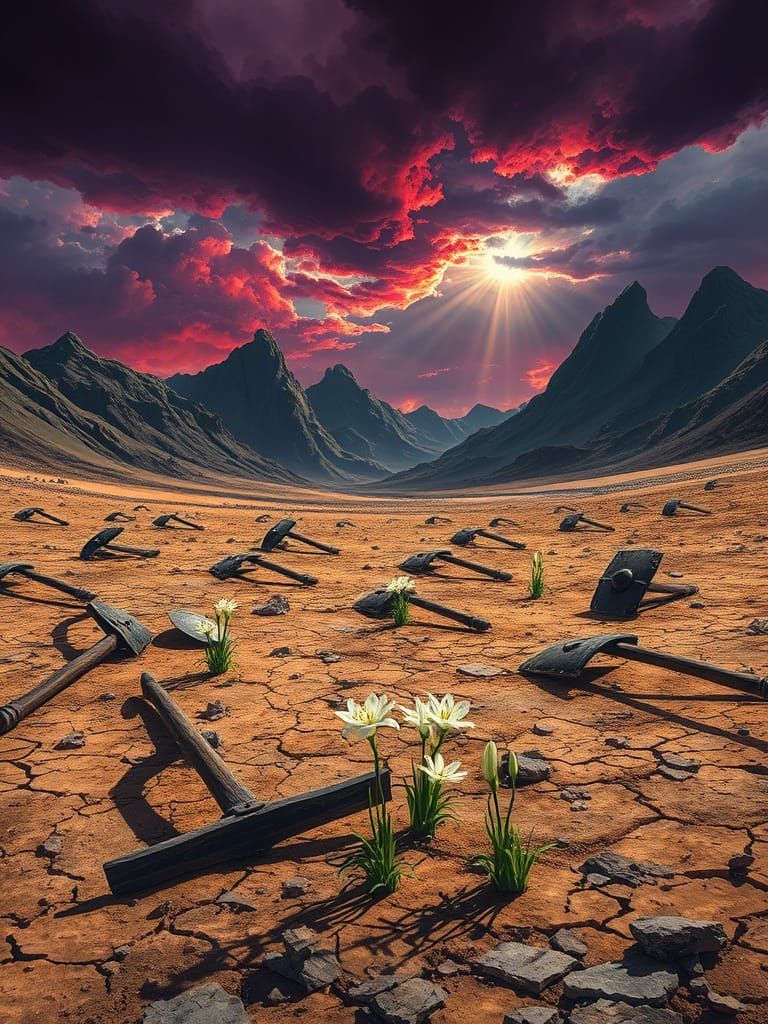 A desolate valley between two towering hills. On the grould the rests ...