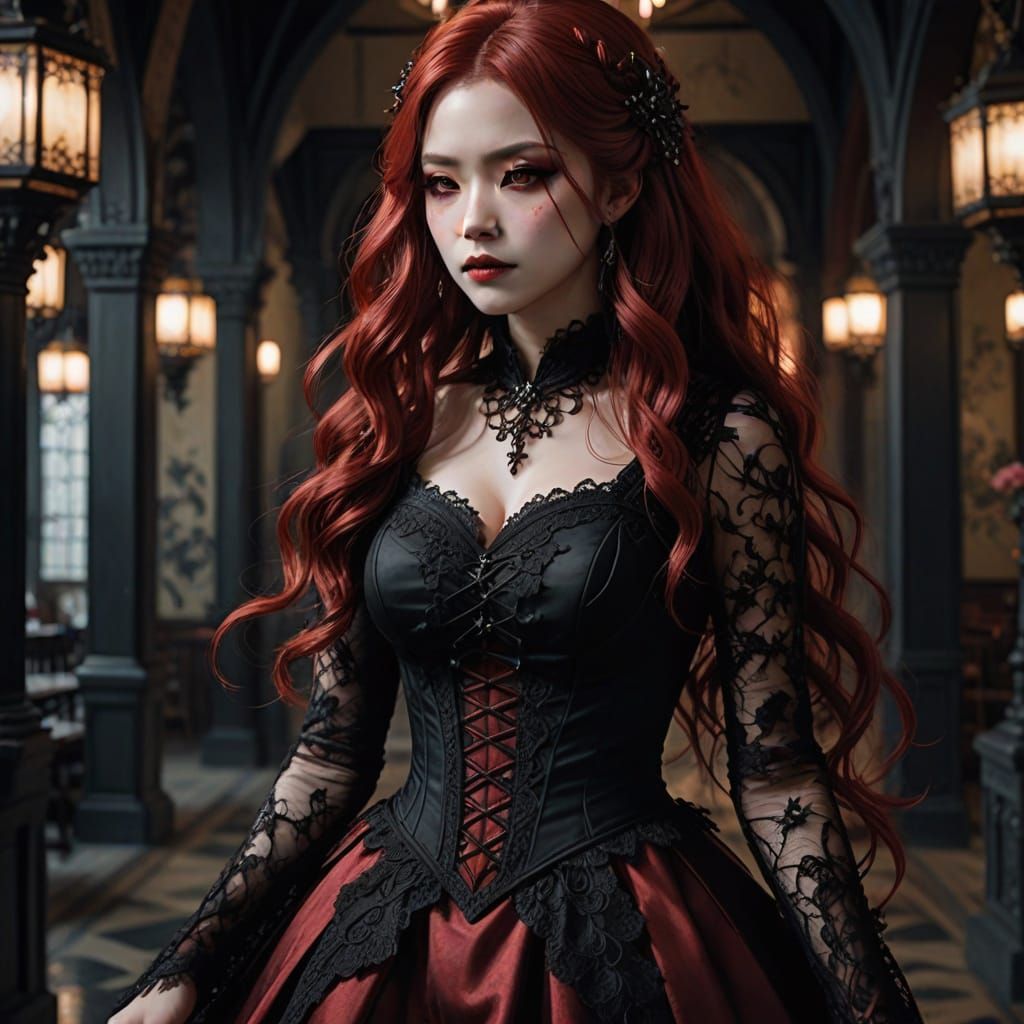 Vampire Goddess in Red and Black Gothic Lace - AI Art