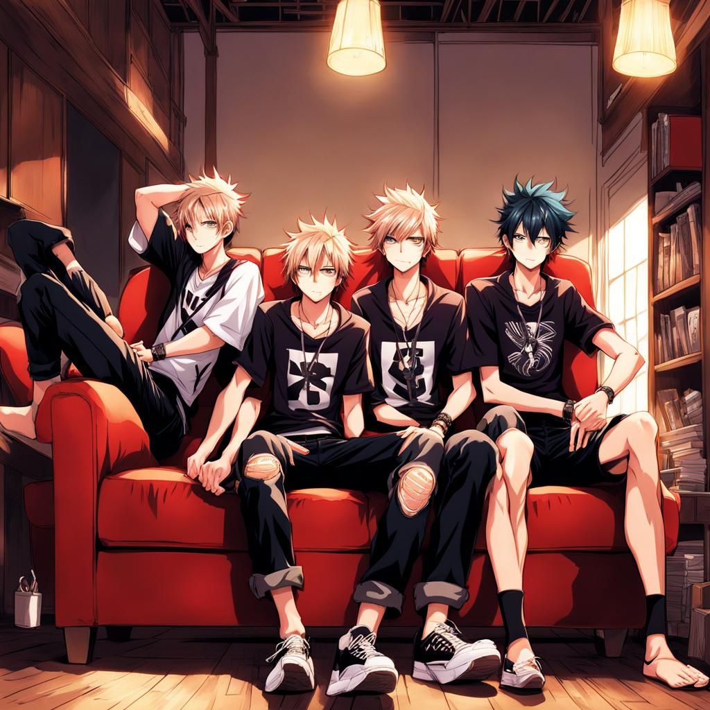 Three boys, barefoot, feet in the air, punk clothes, sitting on a couch ...