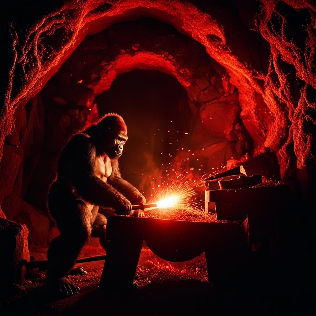 Gorilla Blacksmith Forging stuff in cave - AI Generated Artwork ...