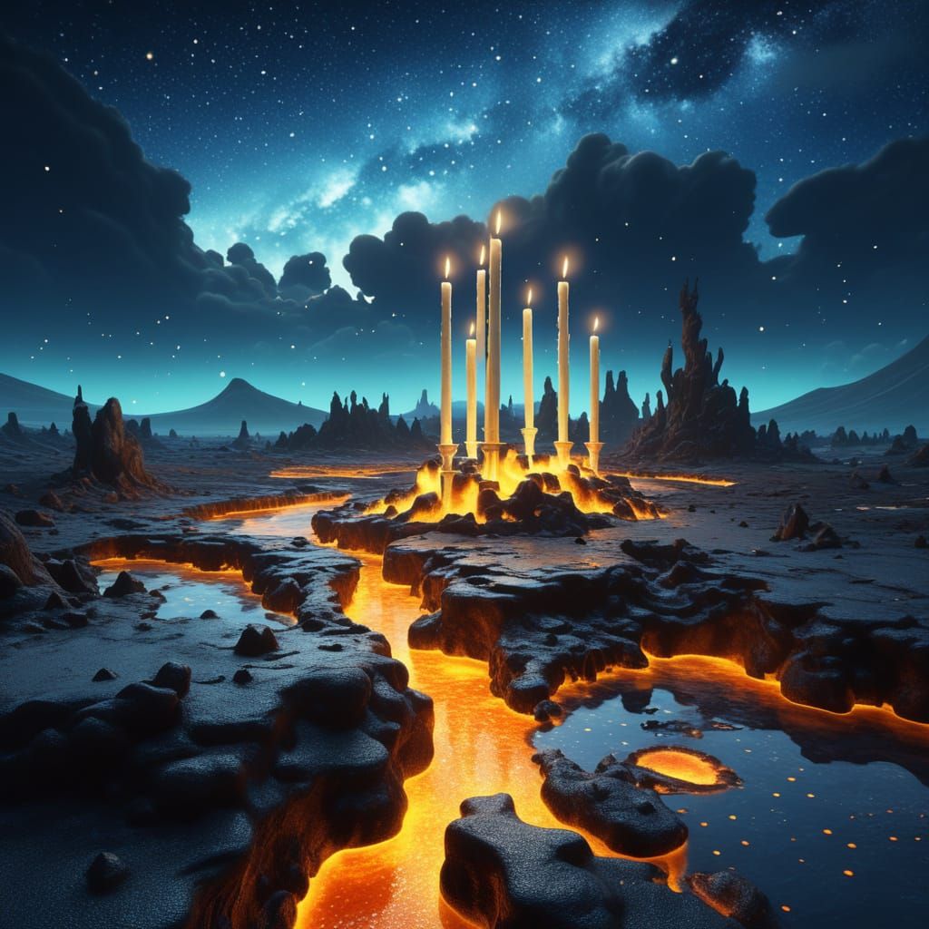Surrealistic Galaxy Night Sky with Burning Candles... - AI Art