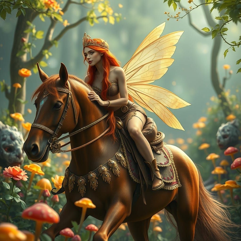 Regal Fairy Rides Majestic Horse in Whimsical Ench... - AI Art