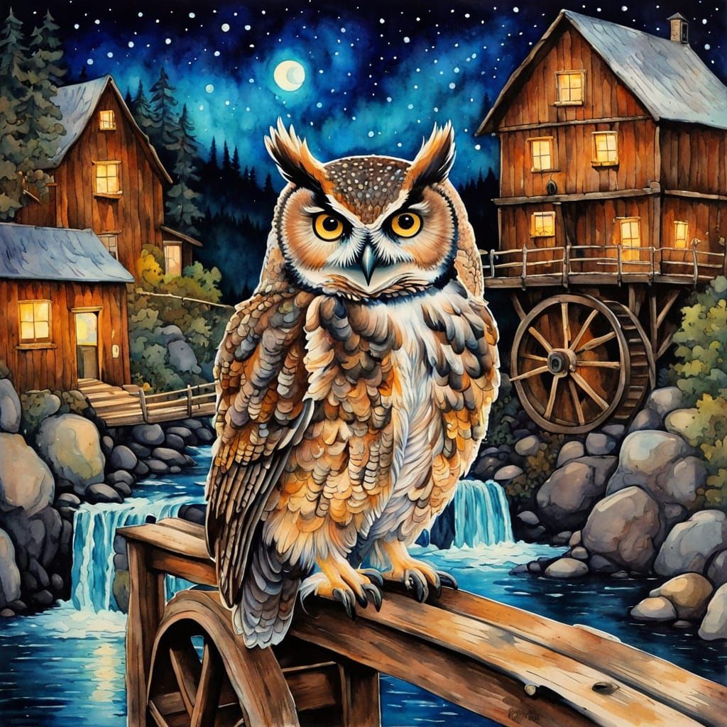 Waterwheel Owl Scene - Waterwheel Owl Scene