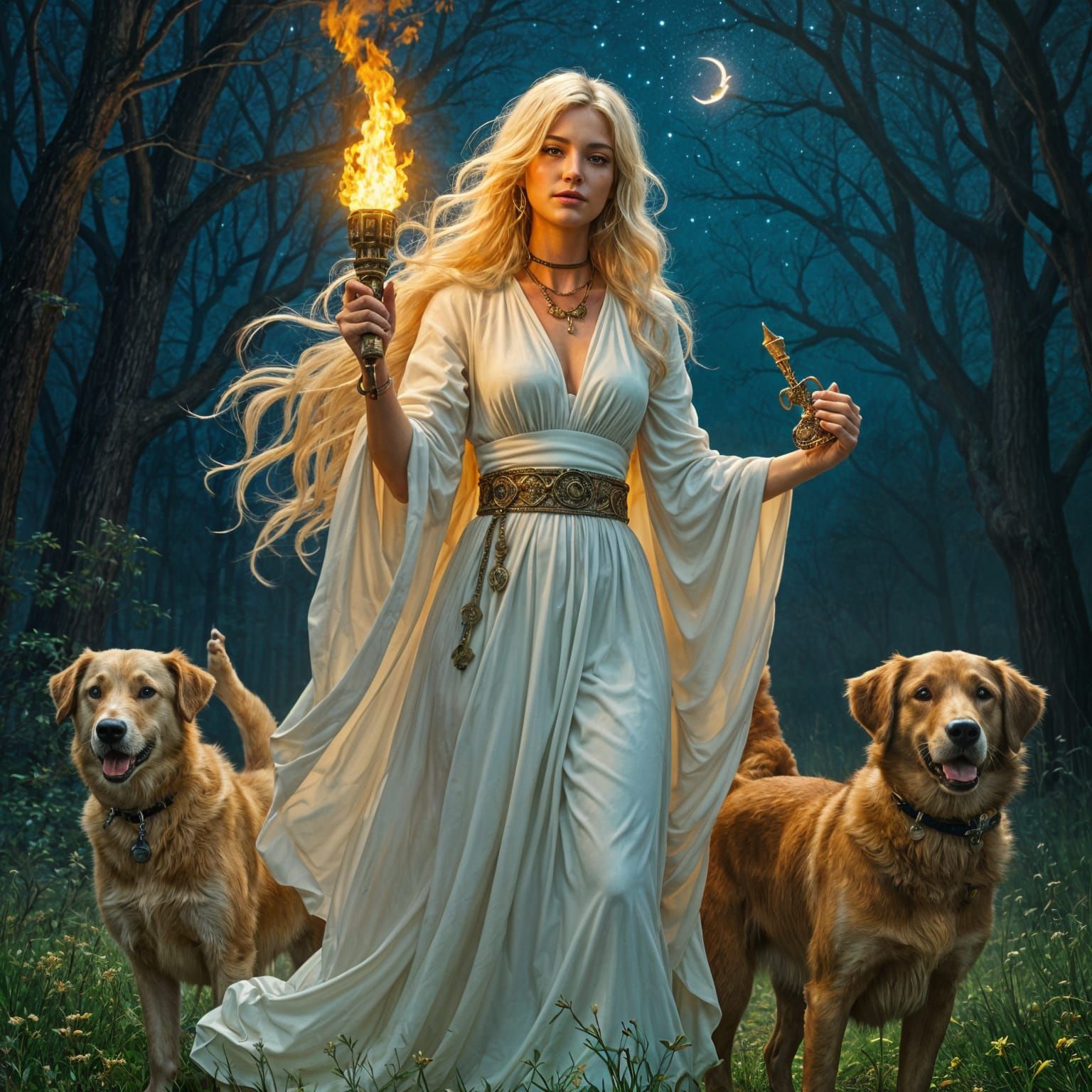 Mystical Triune Goddess in Forest at Night - AI Art