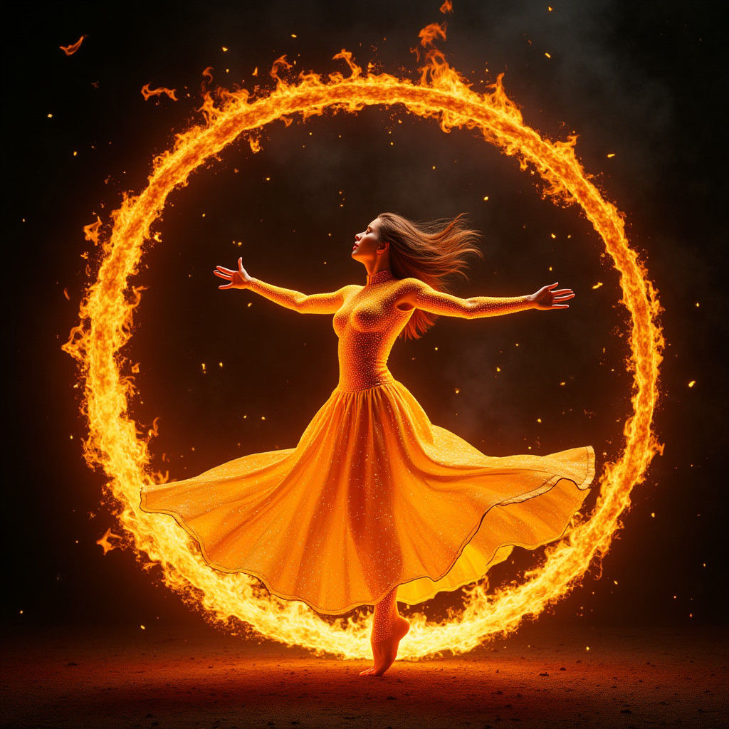A graceful dancer twirling within a ring of fire, her body entirely ...