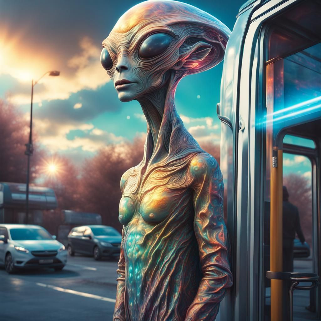 Alien waiting on the bus - AI Generated Artwork - NightCafe Creator