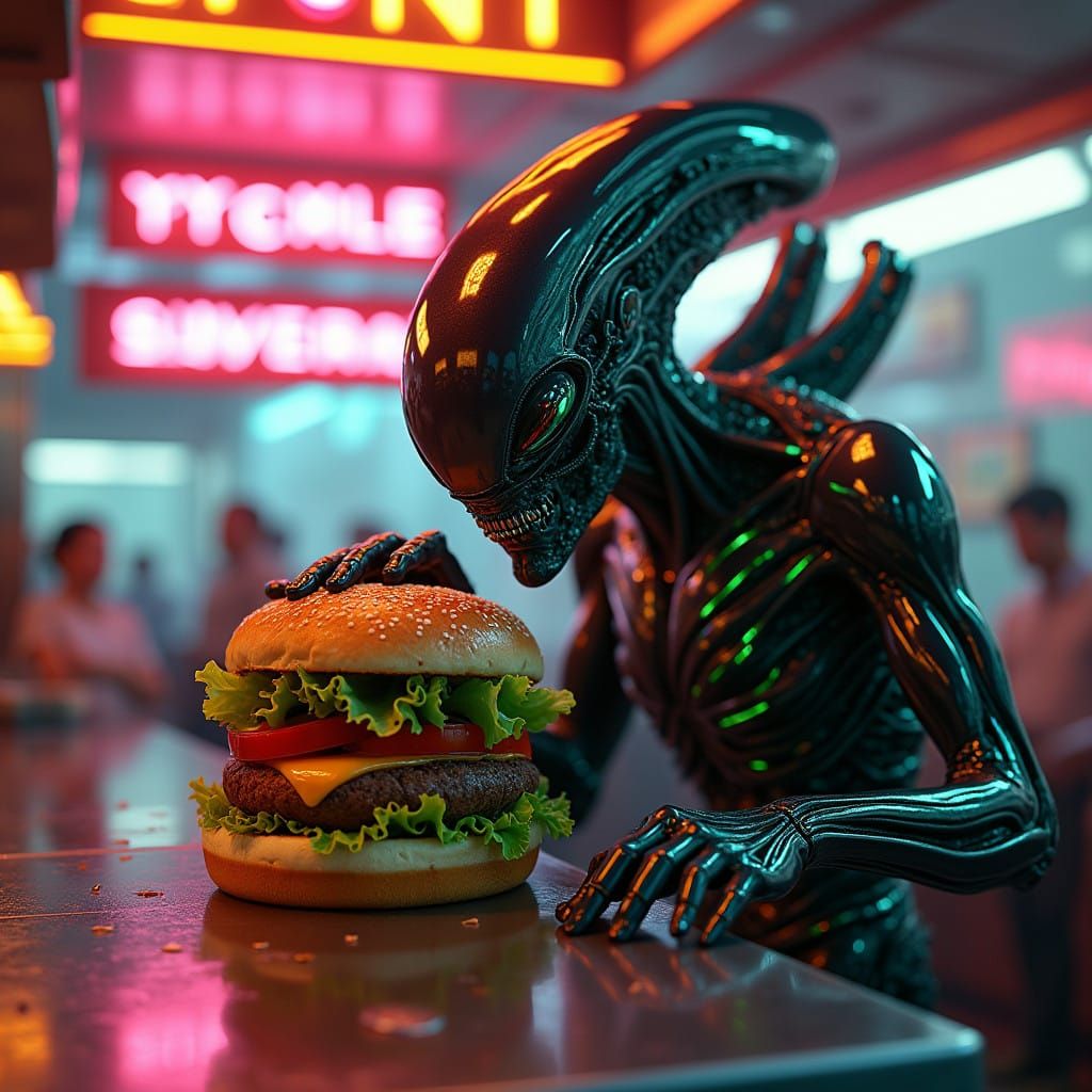 Futuristic Alien Diner Scene in Cyberpunk Style - AI Art