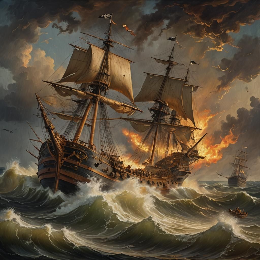 Dramatic Galleon Battle in the Stormy Sea, Inspire... - AI Art