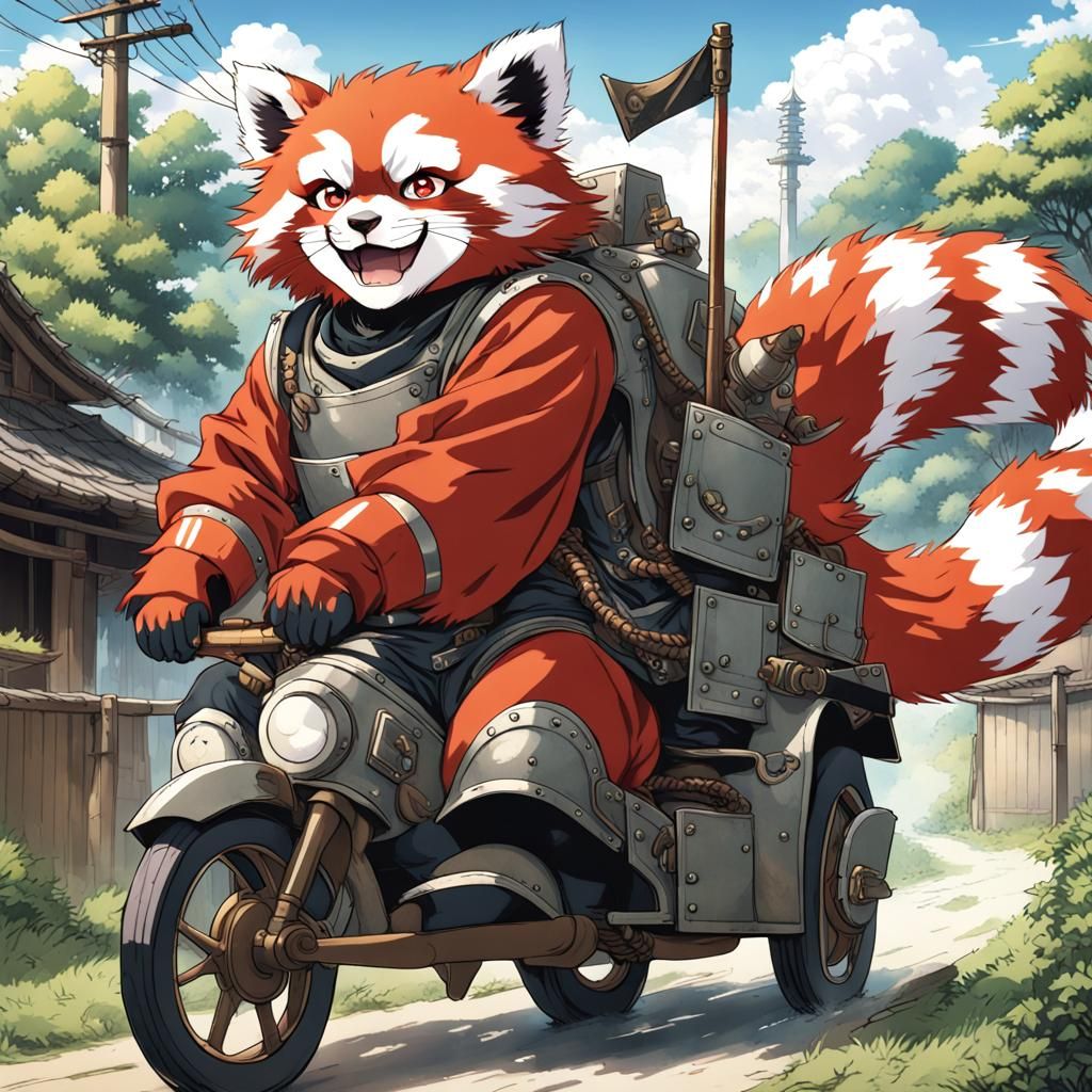 A red tanuki riding a bike - AI Generated Artwork - NightCafe Creator