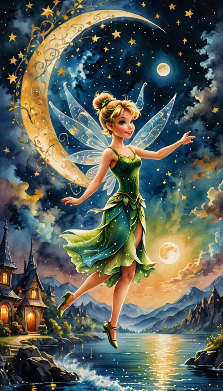 Tinkerbell flying and dancing in the sky, starry night, hyper details ...