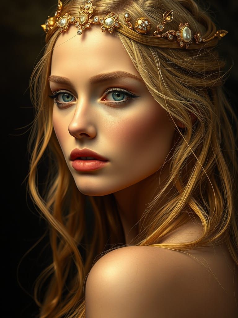 Hyper-realistic portrait of a serene woman with strands of gold leaf ...