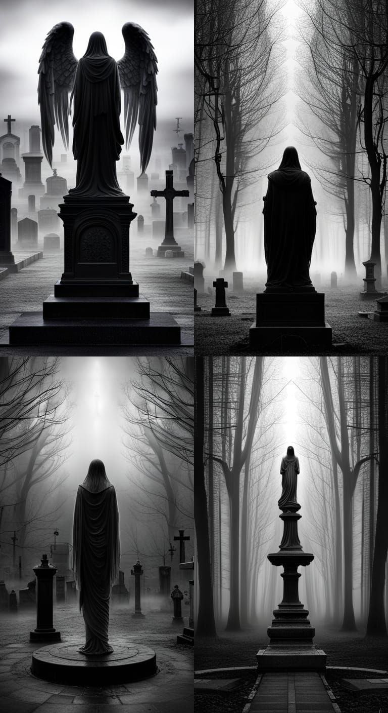 a black and white photo of a misty cemetery, by Anne Stokes, winged ...