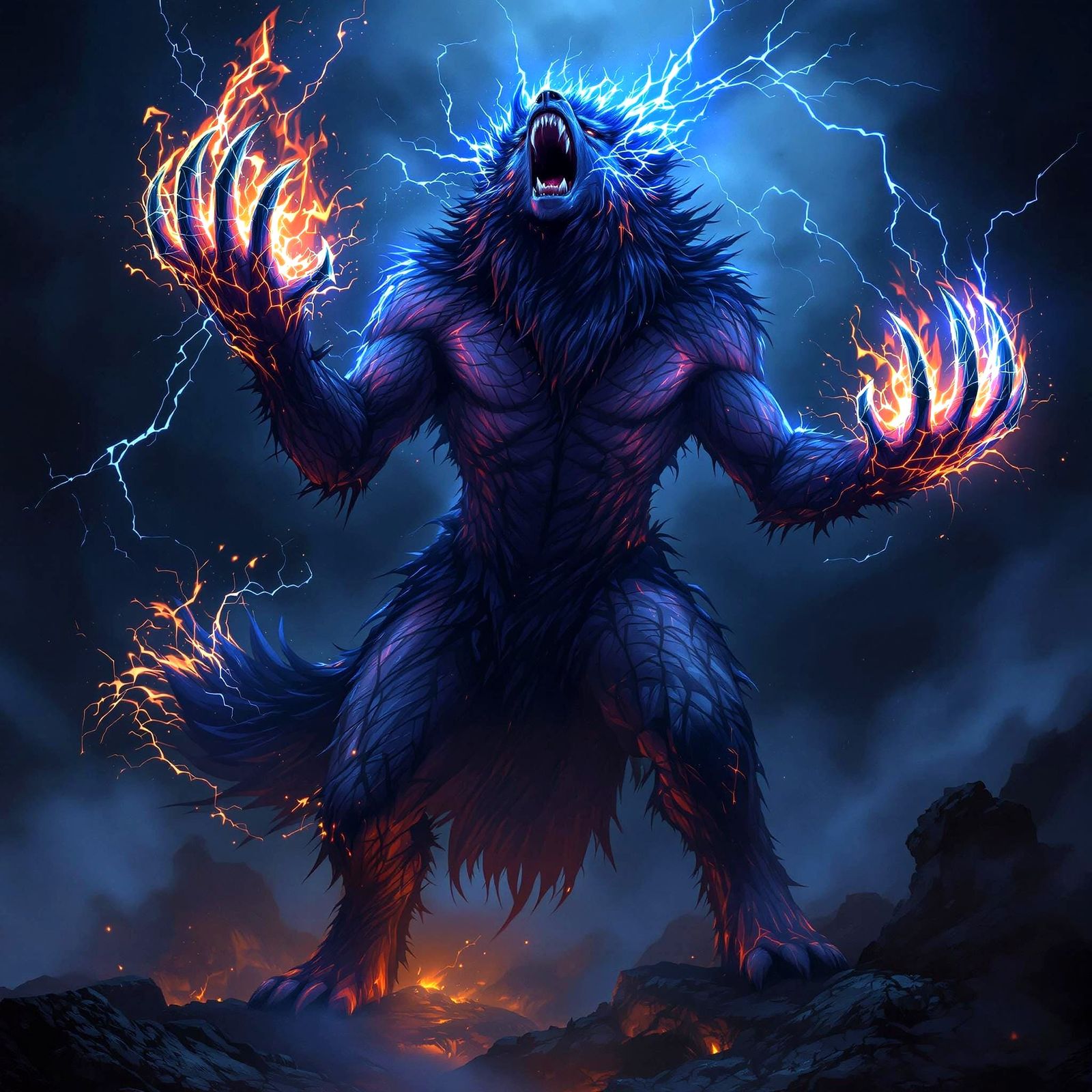 Electric Werewolf Unleashes Fury in Fiery Claws - AI Art