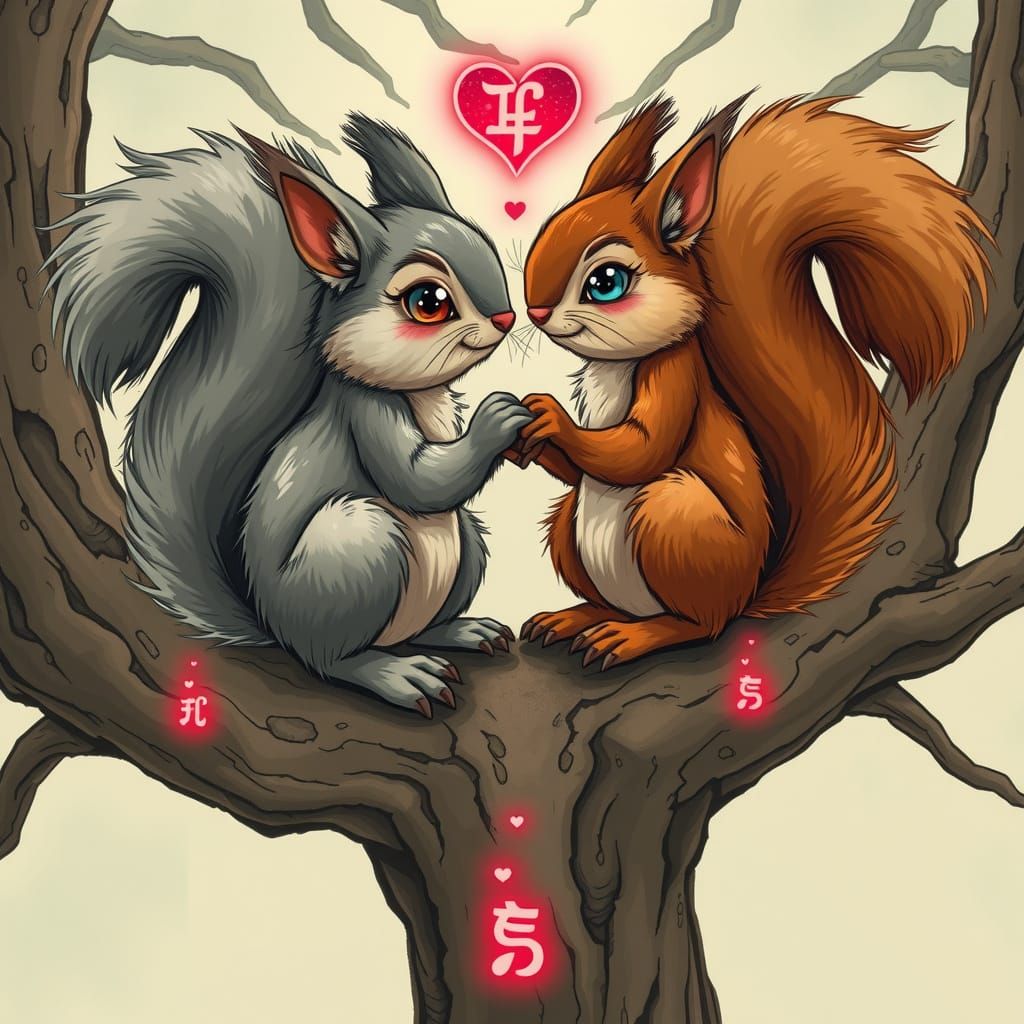 Squirrels Form Heart on Yggdrasil Branch in Whimsi... - AI Art