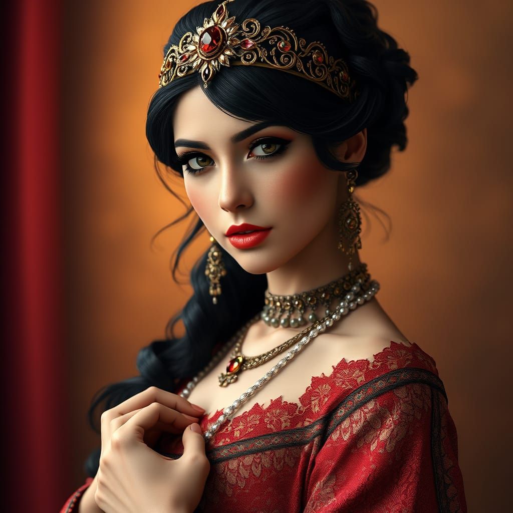 A realistic portrait of Mata Hari at the age of 30. She has exotic ...