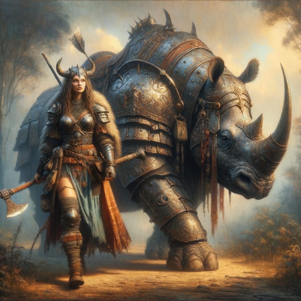 Armored Rhino and Warrior Woman in Oil Painting St... - AI Art