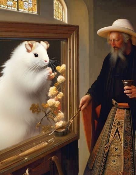 Pretty Japanese geisha holding a cute, fluffy white hamster. head and ...