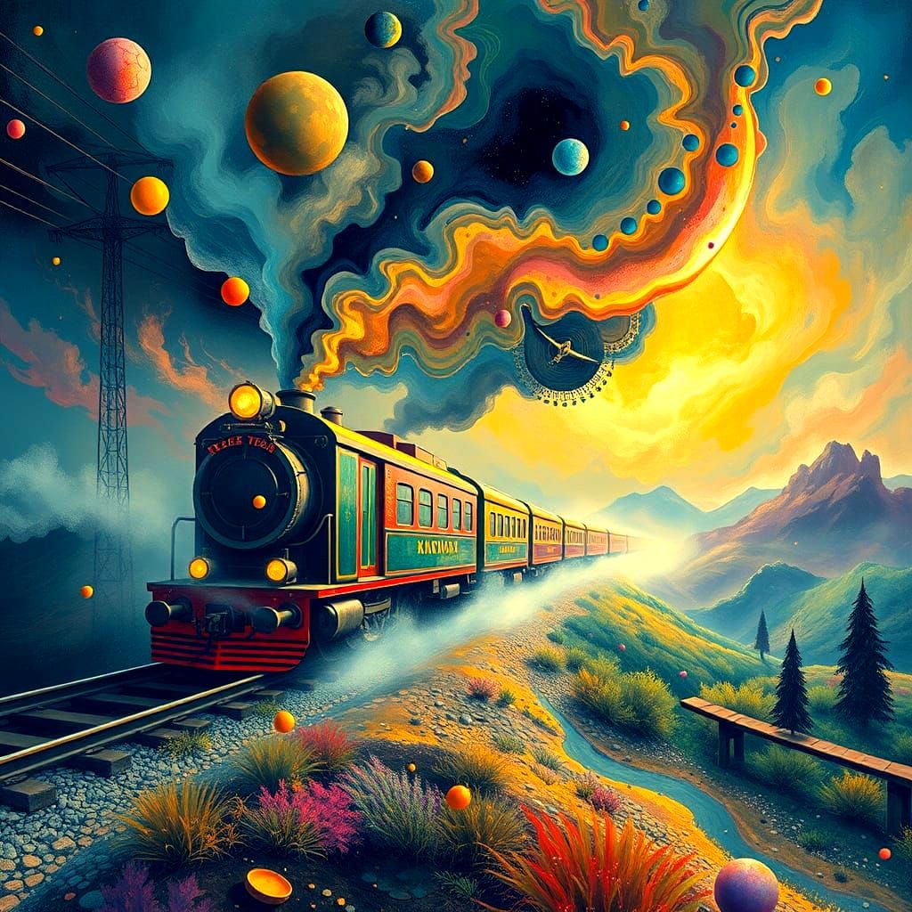 Train - Vibrant Dreamworld Train Unfolds in Kandinsky-Inspir...