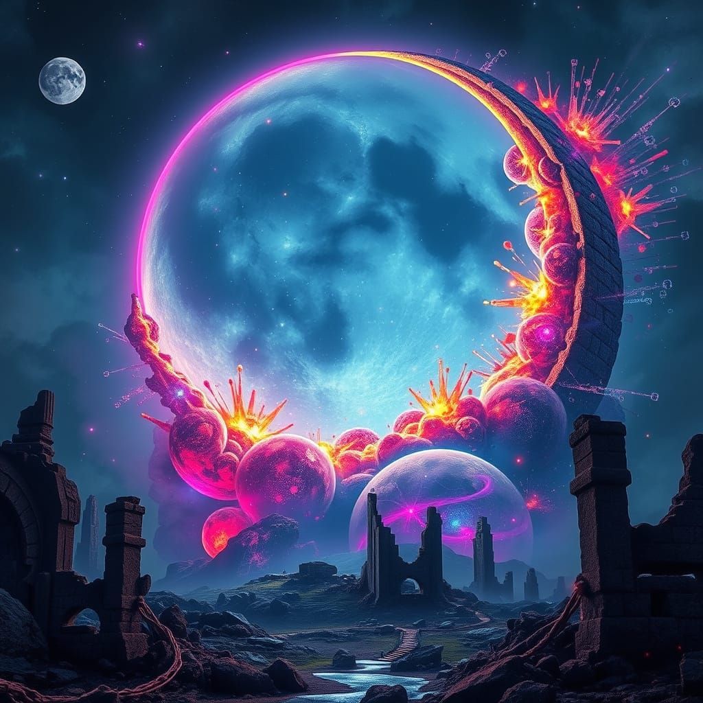 A Hyper detailed saturated Glitch effect A gigantic crescent moon ...