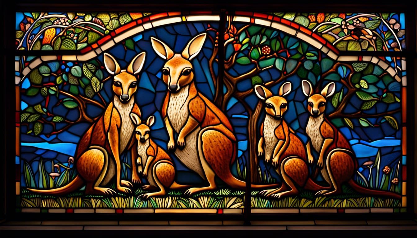leadlight window featuring a kangaroo mob with mothers with their joey ...