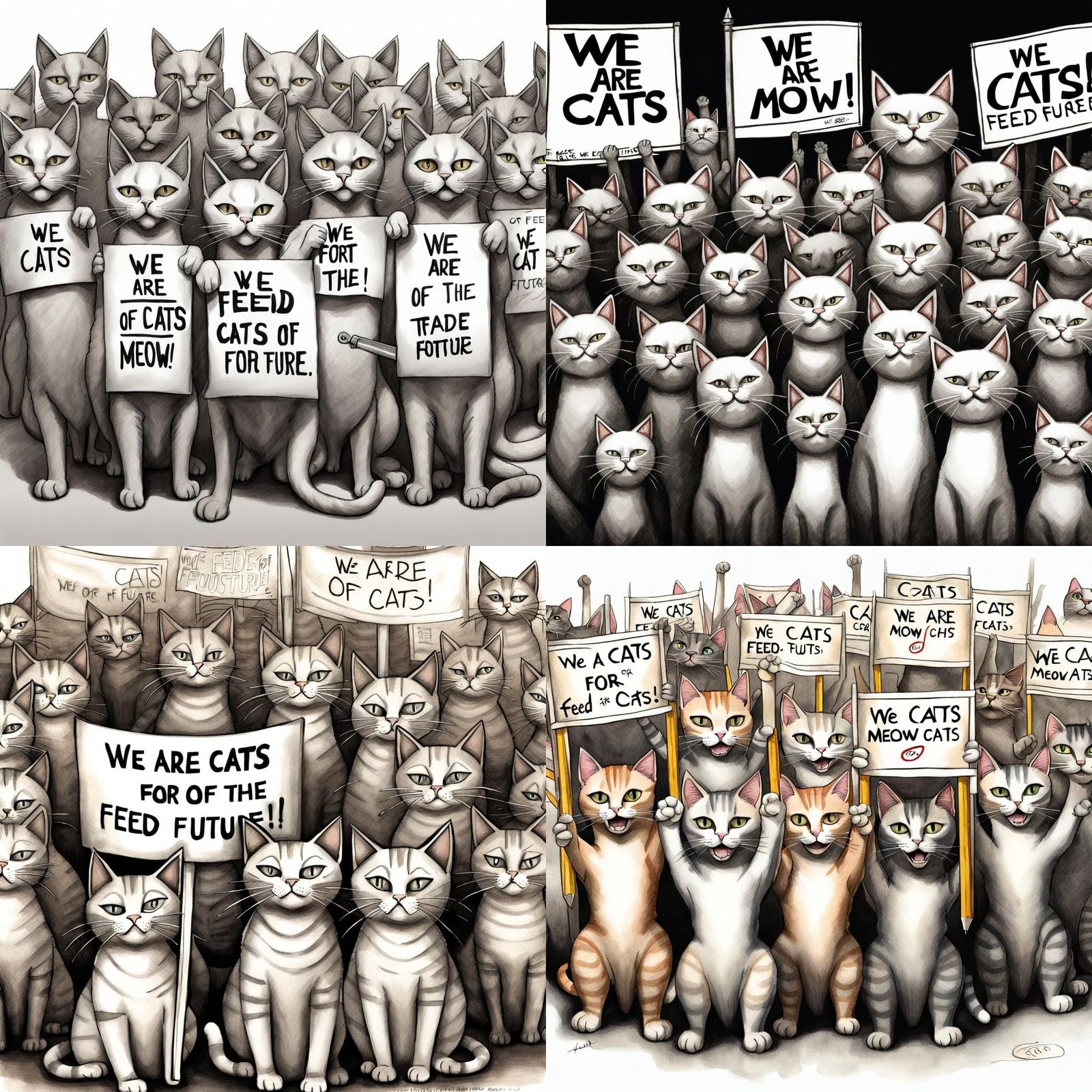 Pencil art of group of cat protesting for the lack of feed, trade union ...