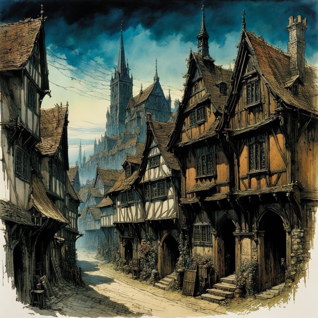 Whimsical Medieval Townscape in Deep, Mysterious C... - AI Art