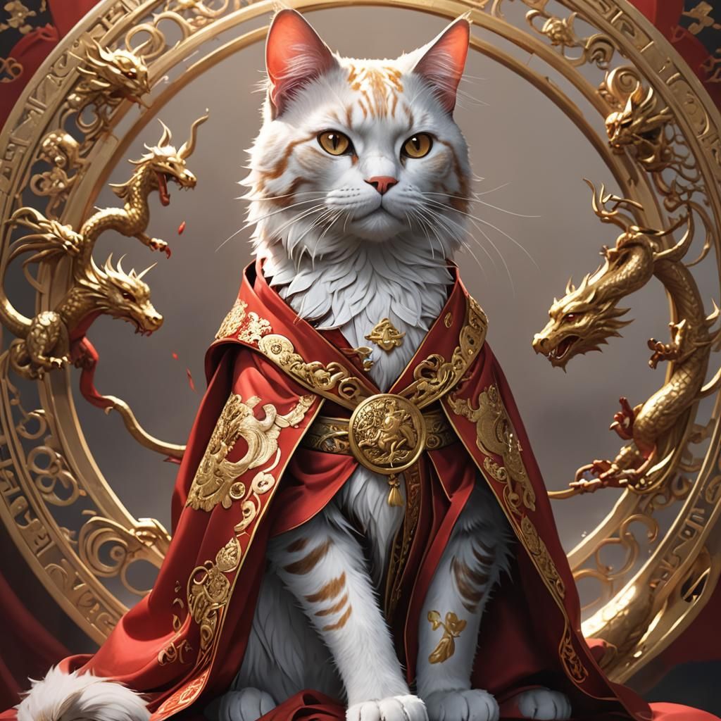 a cat wearing an empress red silk robes with gold embroidered dragons ...