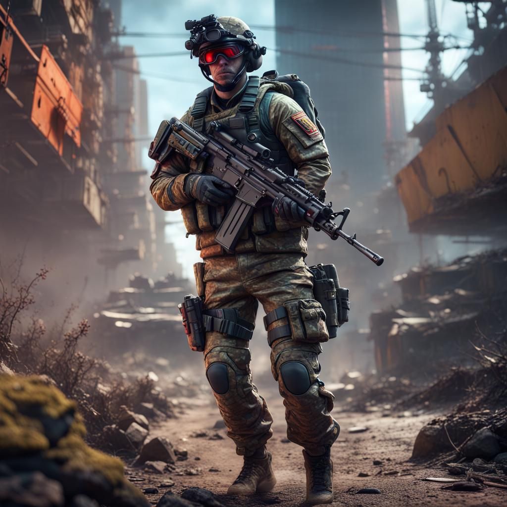 U.s. Army soldier, future tech, depth of field, triadic colors, armor ...