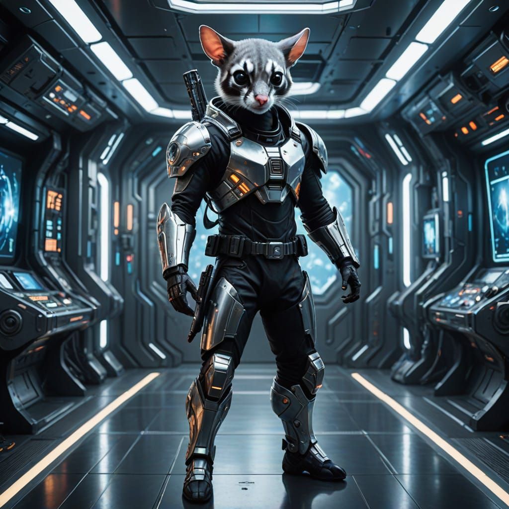 A realistic, full-body sci-fi armored sugar glider warrior, adorned ...