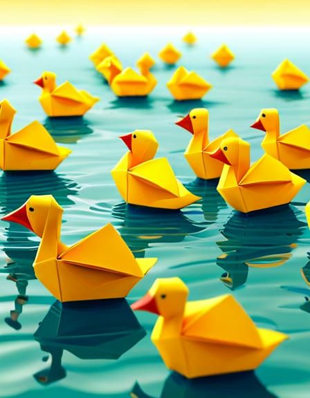 100's Beautiful yellow origami ducks on water, Origami paper folds ...