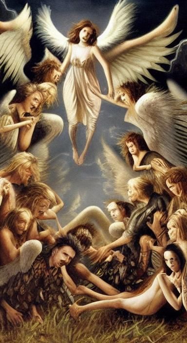 Fallen angels in heaven playing rock music,photo - AI Generated Artwork ...
