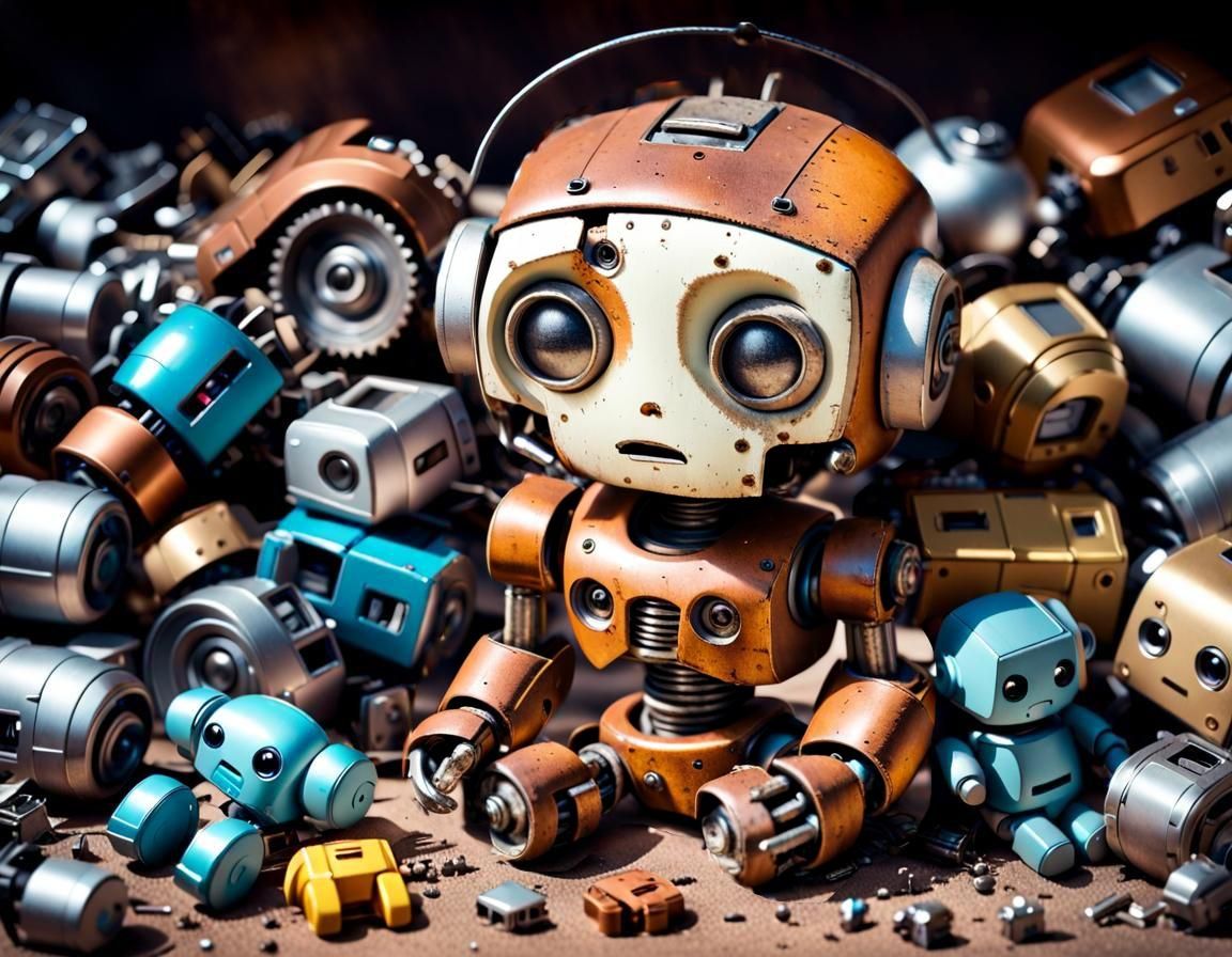 Cute chibi robot toy, broken and rusty, missing arm, looking sad and ...