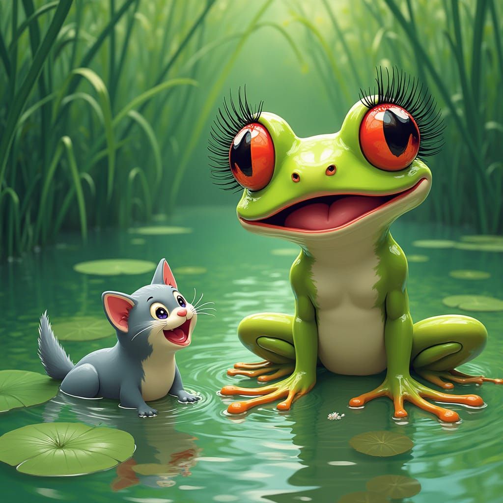 Surprised Frog with Cat - Surprised Frog with Eyelashes in V...