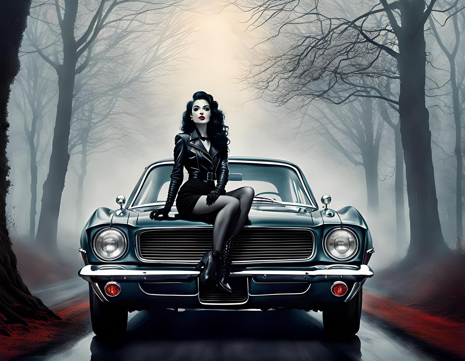 Goth Pin-up model sitting on the hood of a race car - AI Generated ...