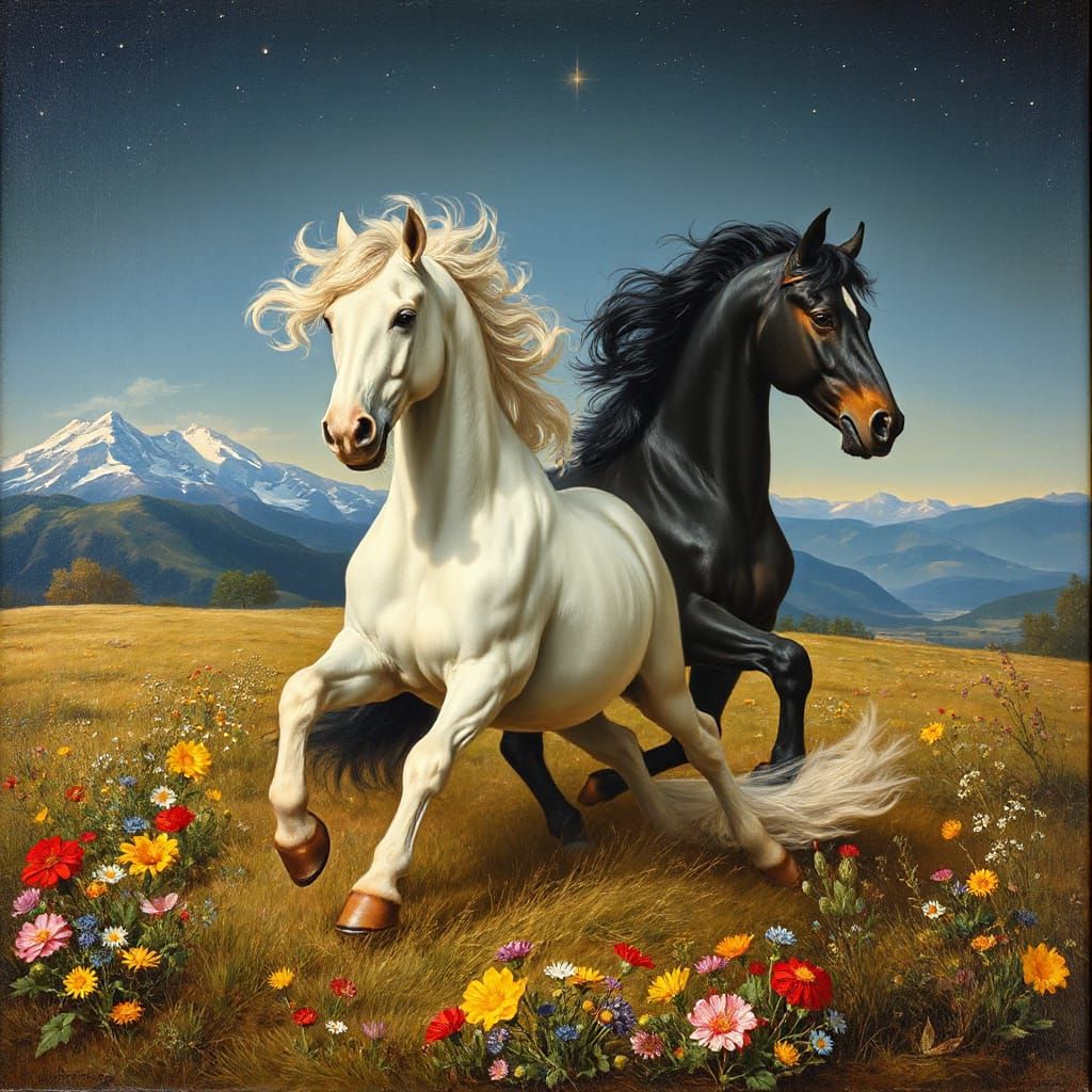 Rococo Masterpiece: Wild Horses in a Colorful Mead... - AI Art