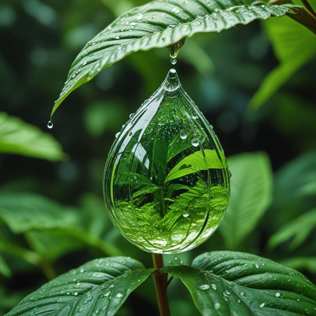 Tropical drop of water reflecting the rainforest