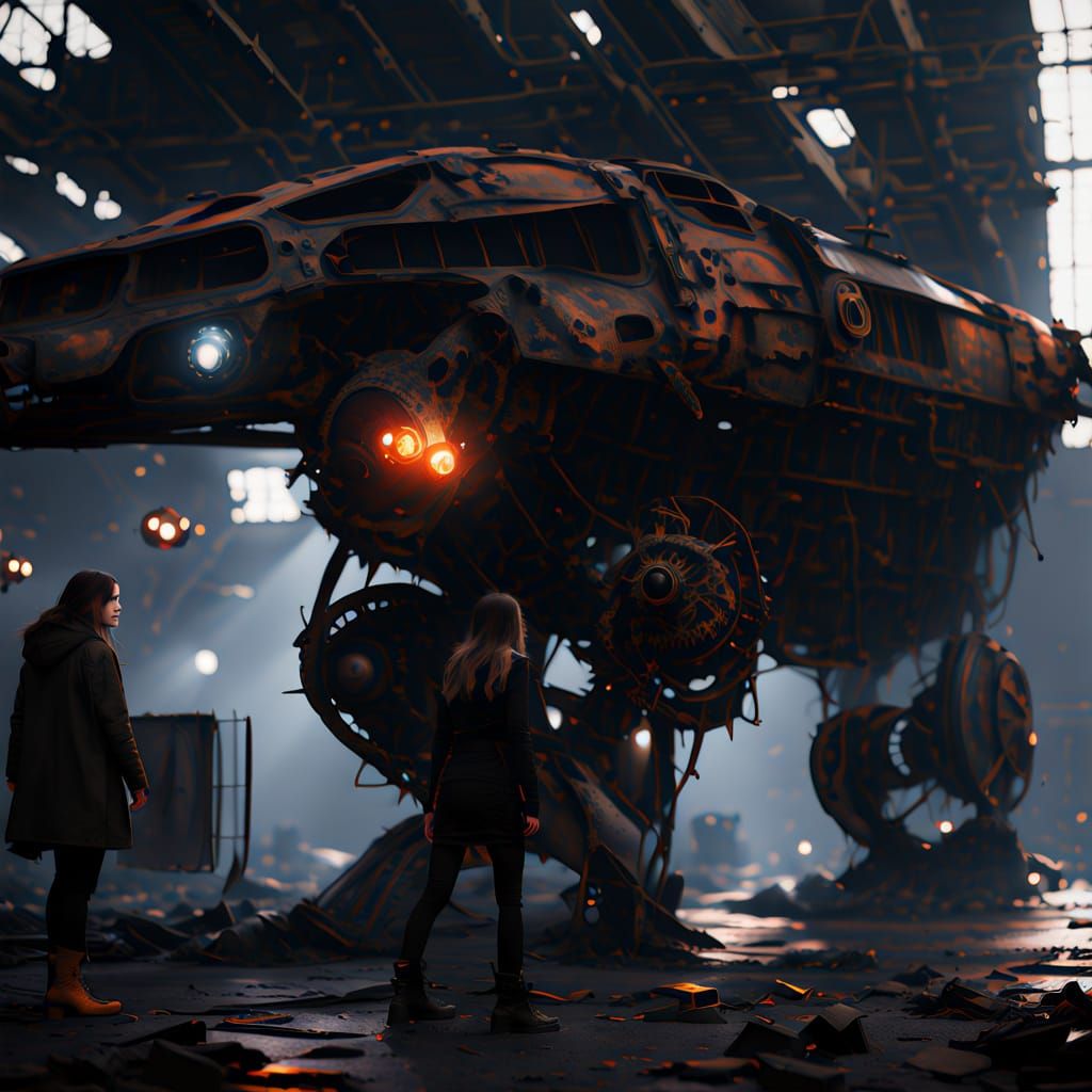 Dystopian Goth Model Among Rusted Wrecks - AI Art