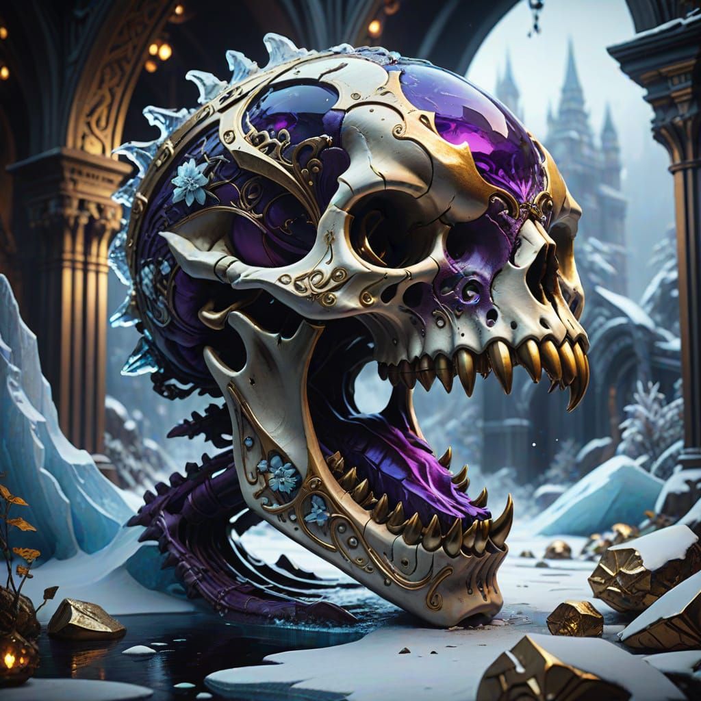 Mystical Ice Raptor Skull in Vibrant, Dark Fantasy... - AI Art