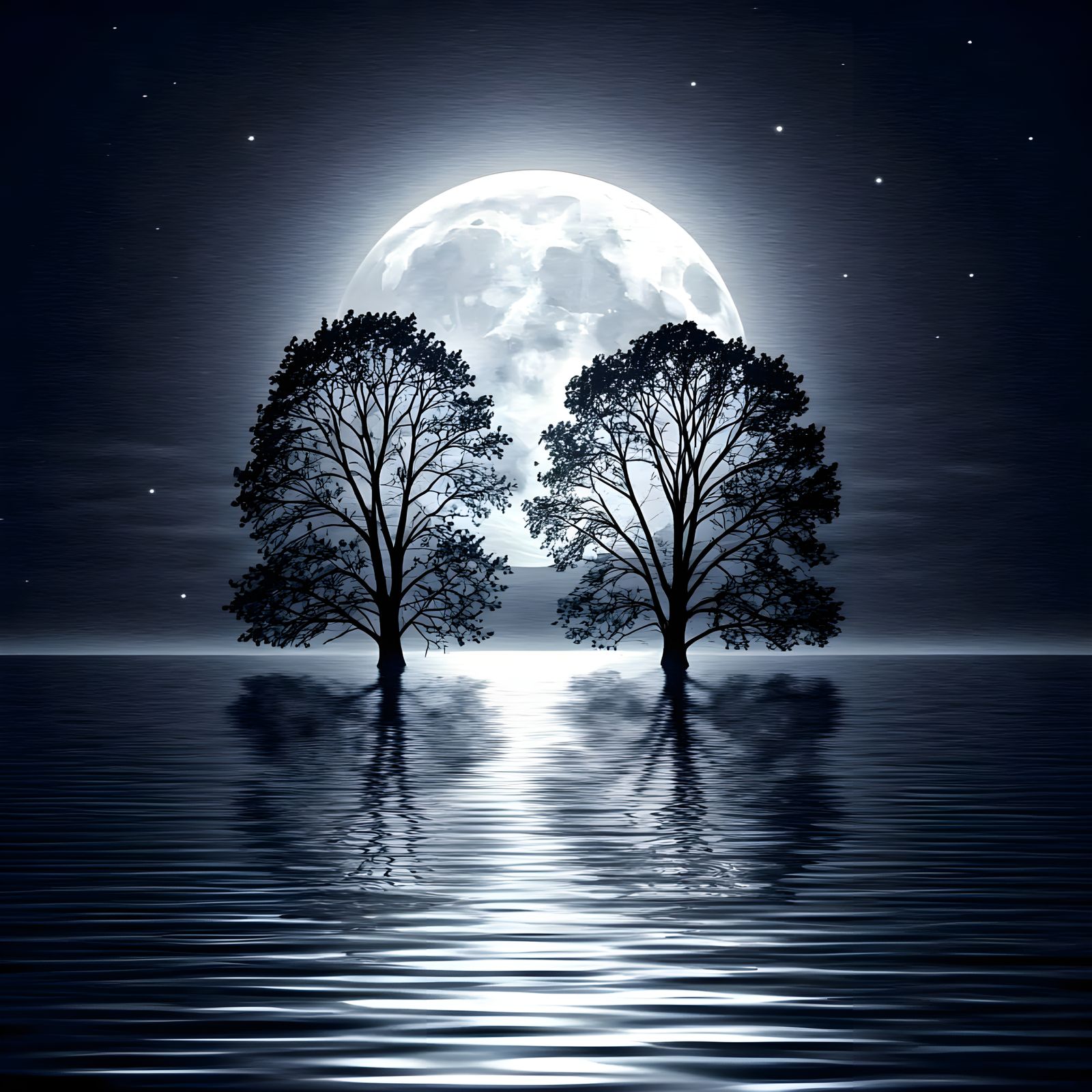A Silent Night! - Majestic Moonlit Water Scene in a Graphite...