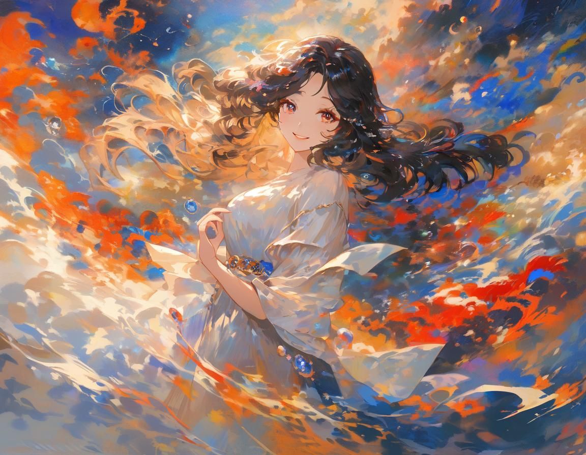 Anime with painterly triadic colors shading. Woman in aquarela painting ...