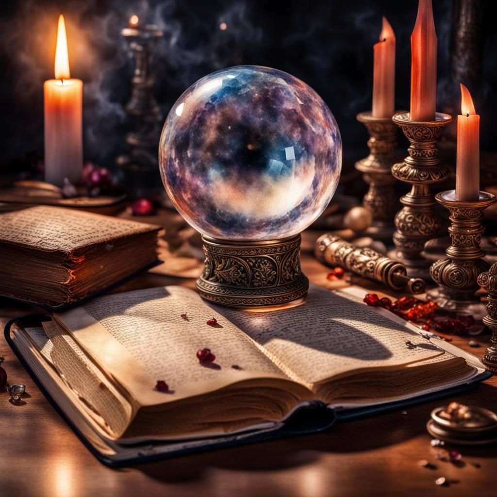 Watercolor of crystal ball, crystals and spell book and candle - AI ...