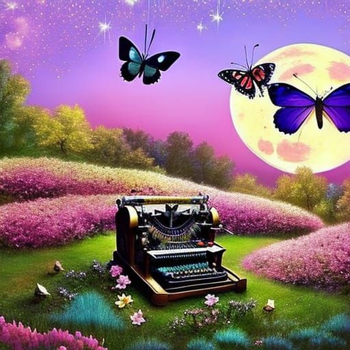 "Victorian vintage typewriter with blooming flowers at a spring garden ...