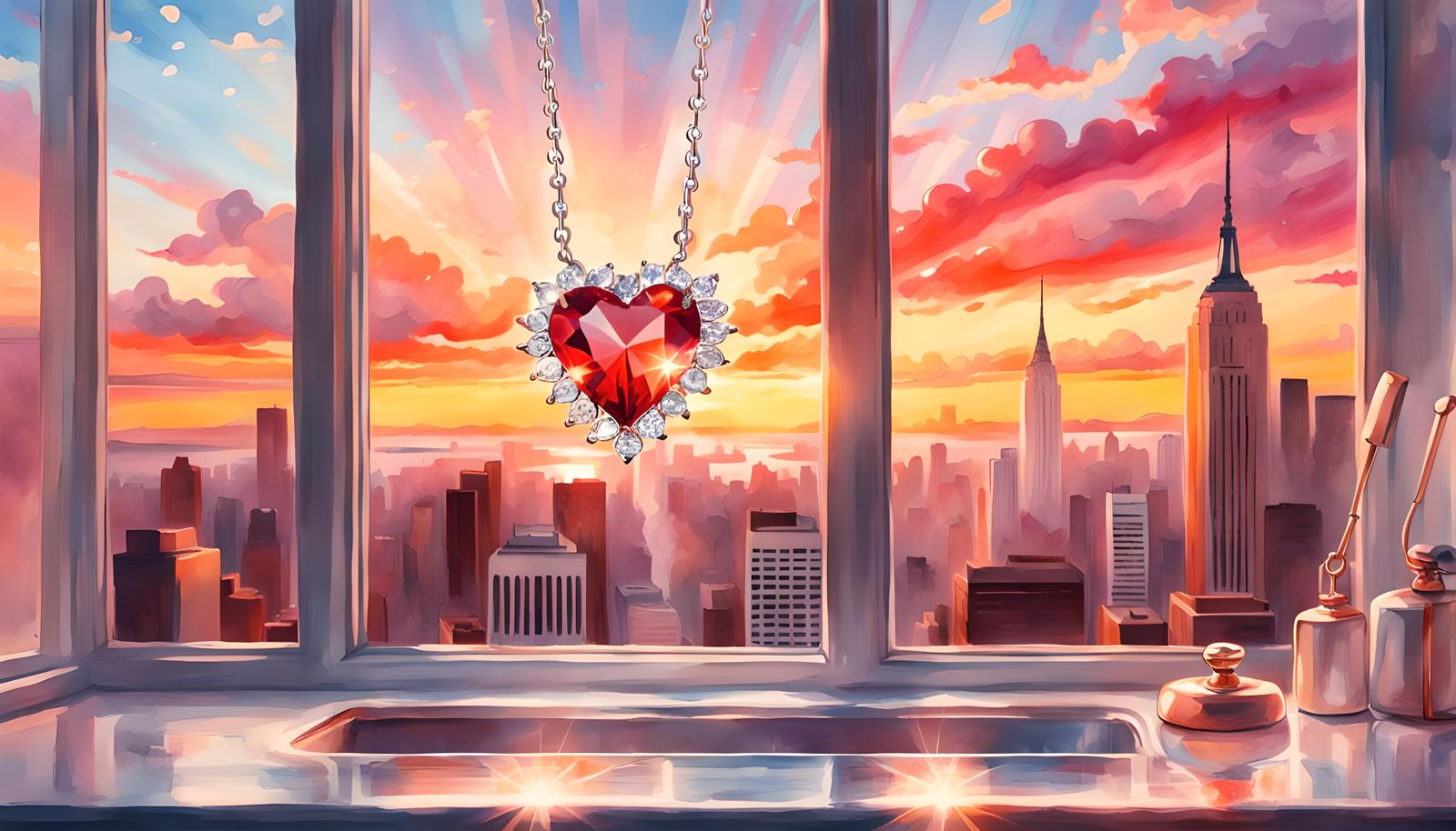 Vermilion Heart-Shaped Necklace Manhattan Sunset - AI Generated Artwork ...