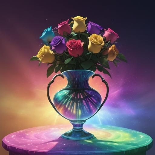 3d cosmic roses in vibrant colors in rainbow colored prismatic vase 8k ...